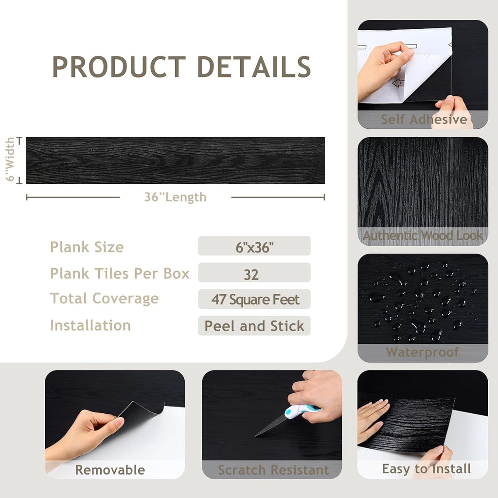 VEELIKE Black Vinyl Plank Flooring 6''x36'' – Veelike