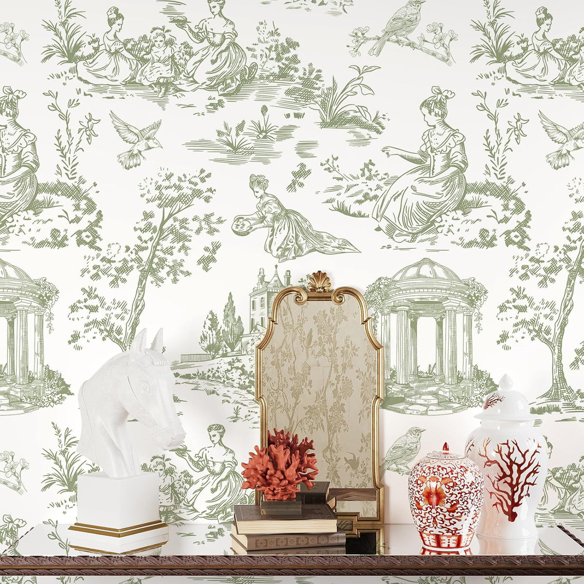 VEELIKE French Countryside Green Toile Wallpaper – Veelike