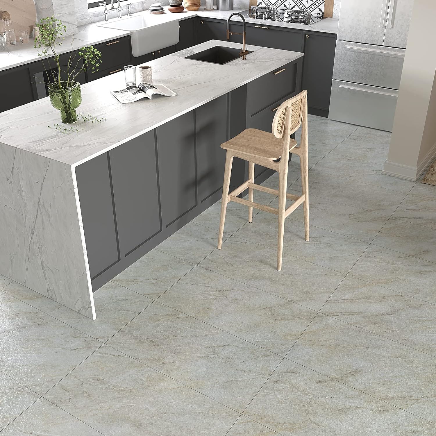 VEELIKE Beige Grey Marble Peel and Stick Vinyl Floor Tile 12''×24 ...