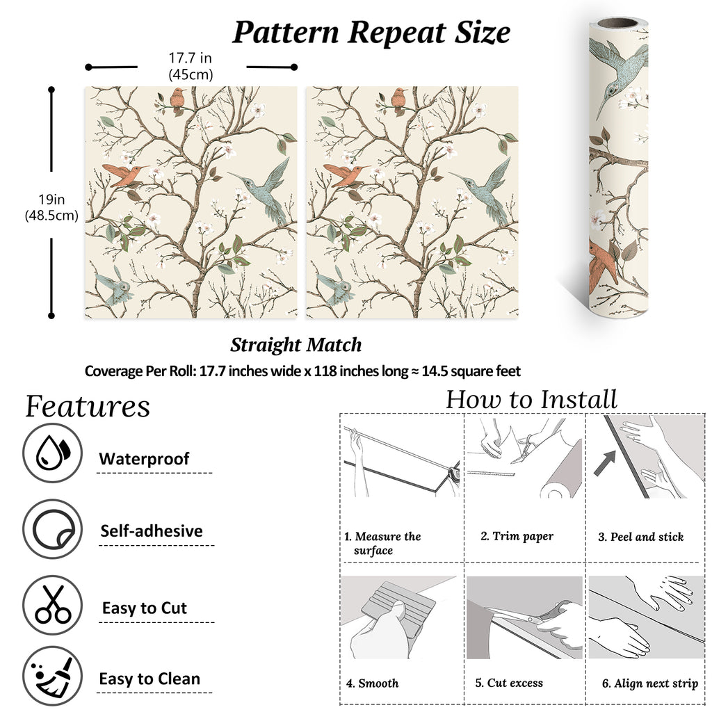 VEELIKE Ivory Cream Vintage Branches Bird Wallpaper – Veelike