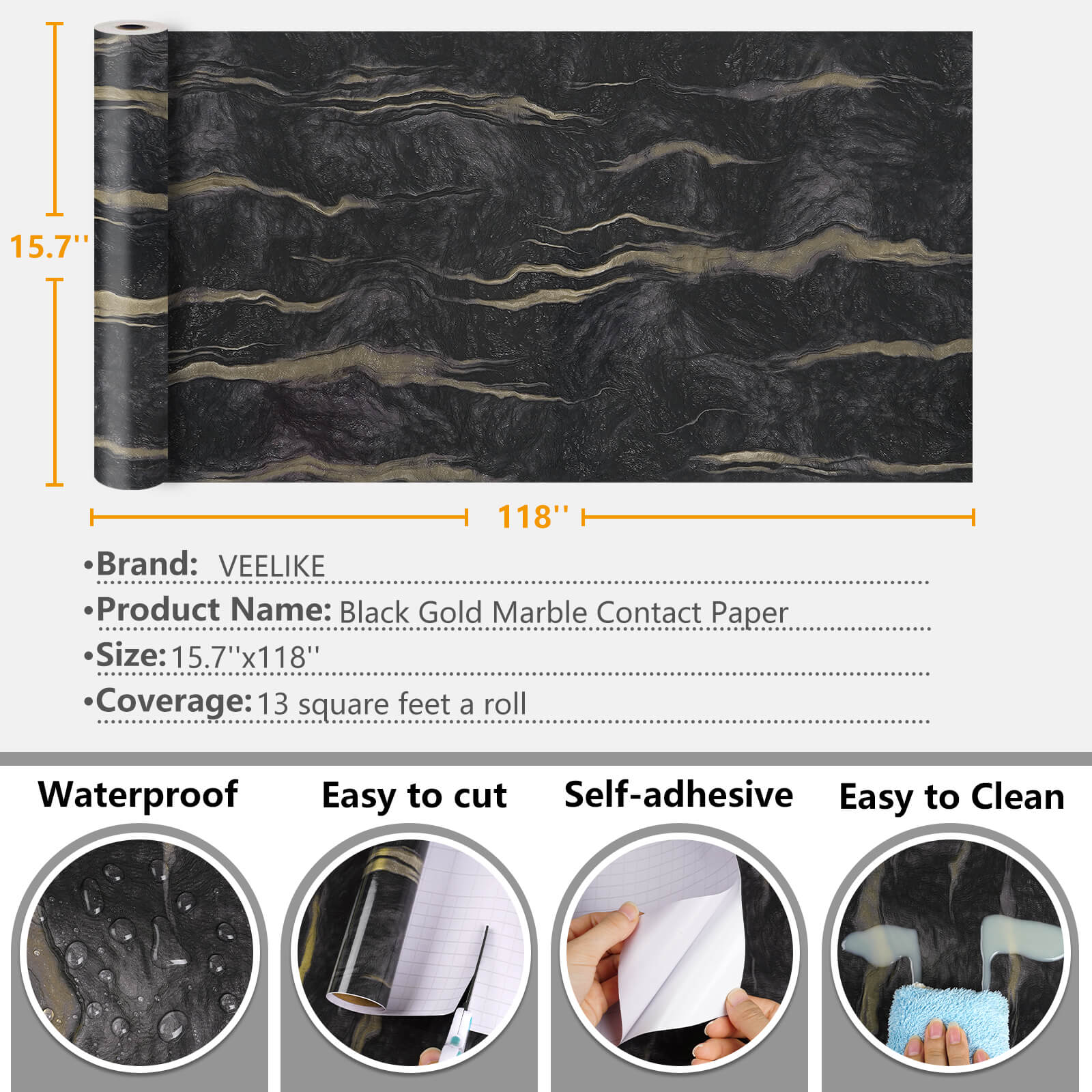 VEELIKE Black Gold Marble Contact Paper – Veelike
