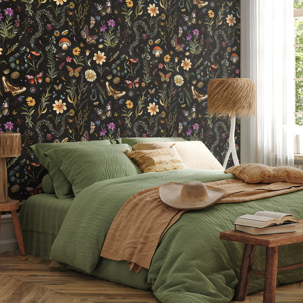 VEELIKE Midnight Snake Butterfly Floral Wallpaper – Veelike
