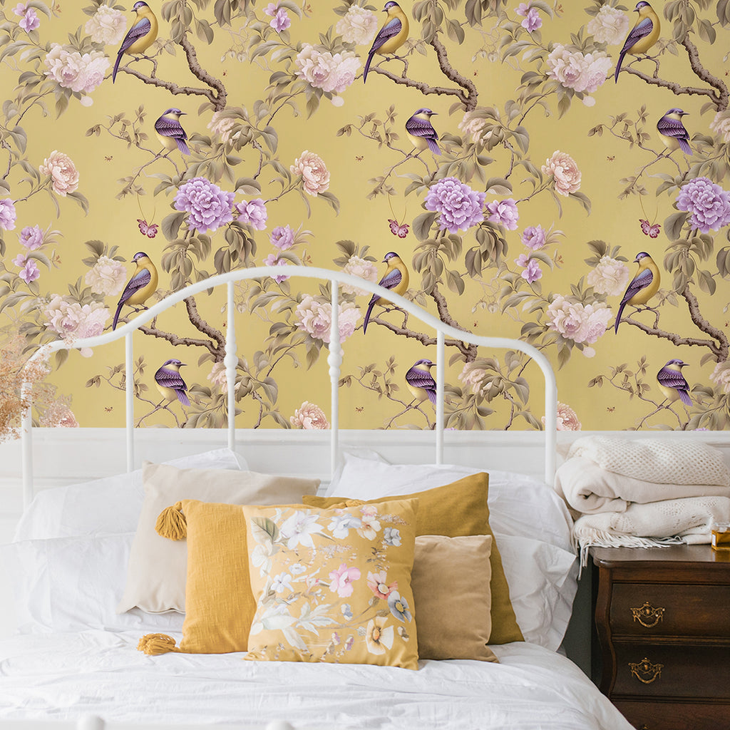 VEELIKE Vintage Yellow Chinoiserie Floral Bird Wallpaper – Veelike