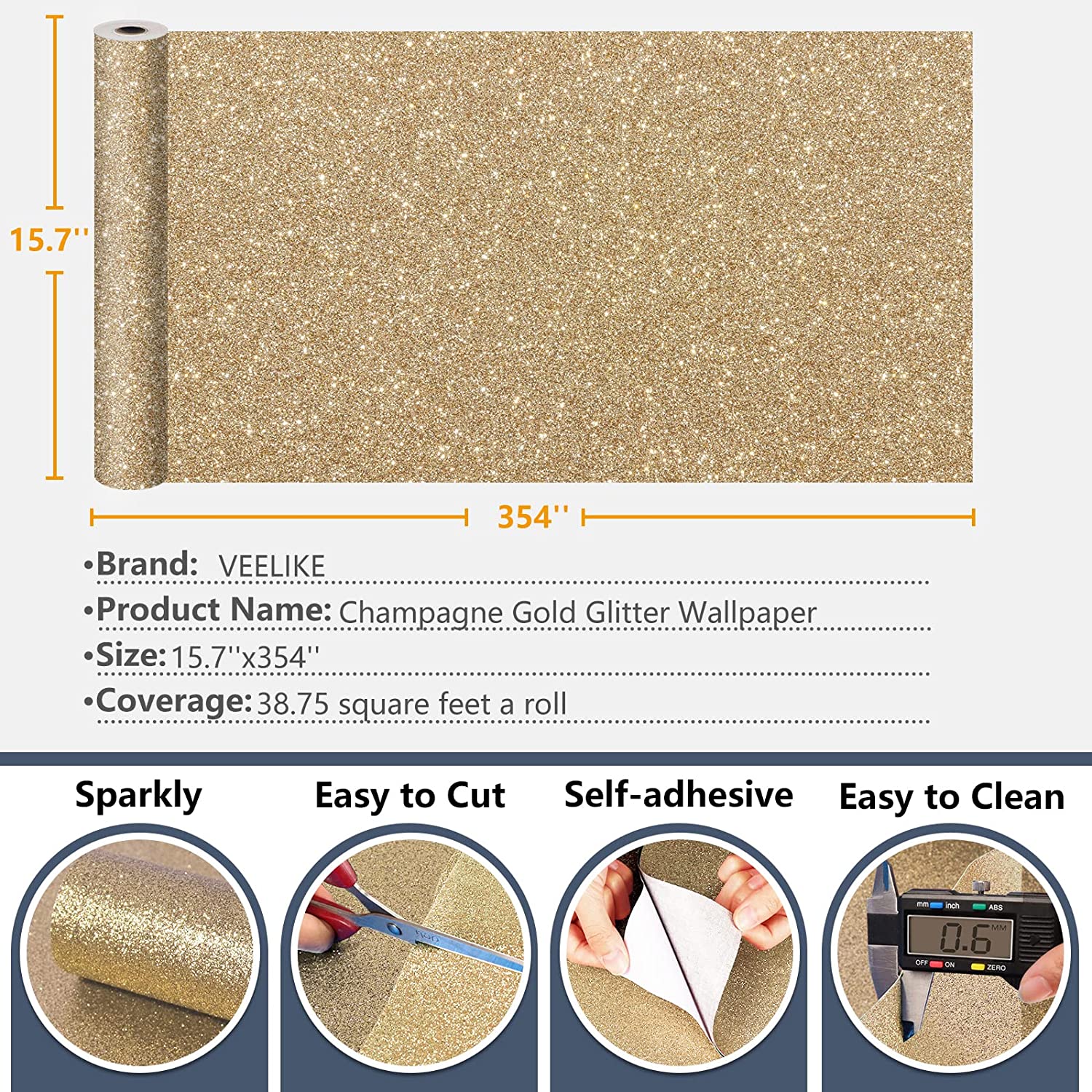 VEELIKE Champagne Gold Glitter Contact Paper – Veelike